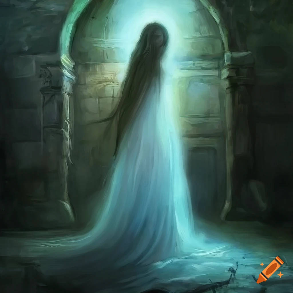 Spectral woman with long hair in a castle crypt surrounded by magic ...