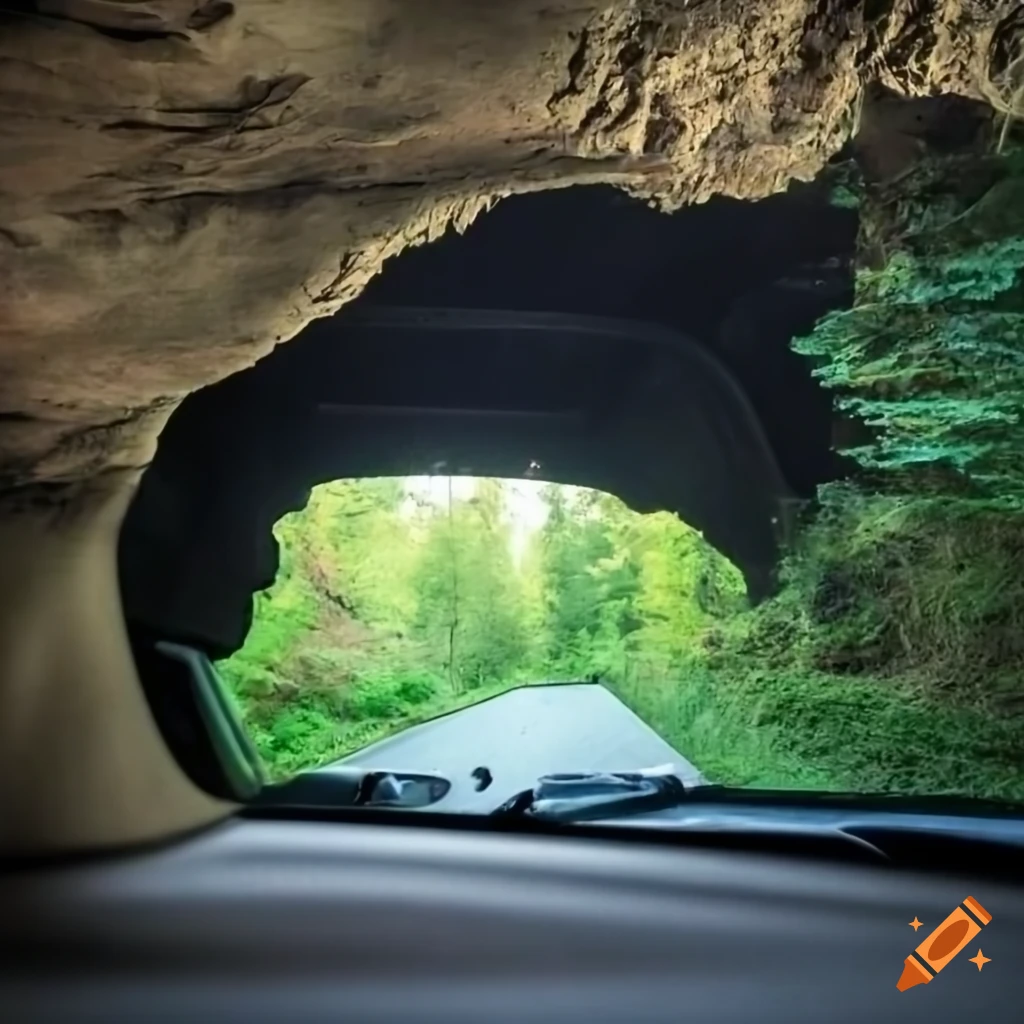 View from inside a car towards a cave in the woods on Craiyon