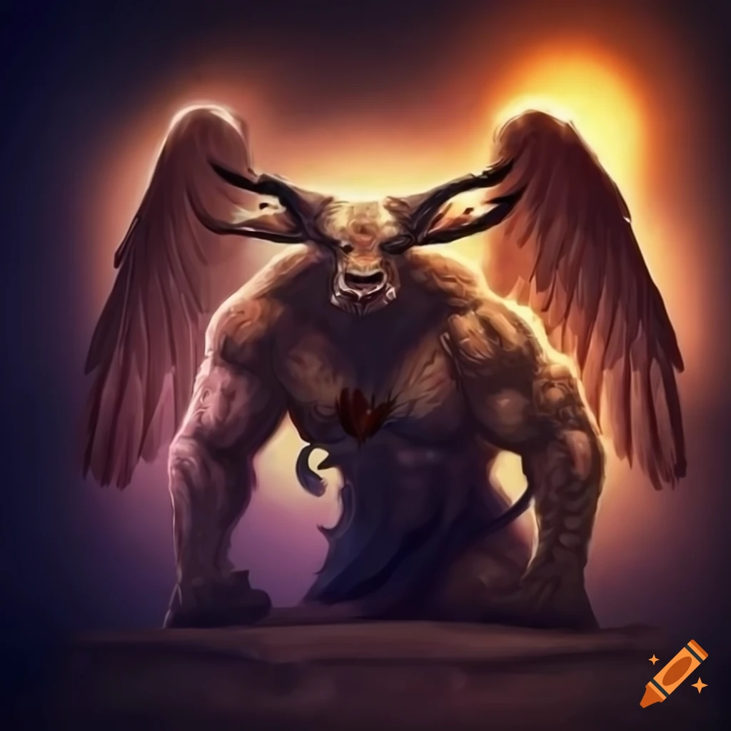 Mythical creature minotaur with grand wings in a mystical land on Craiyon