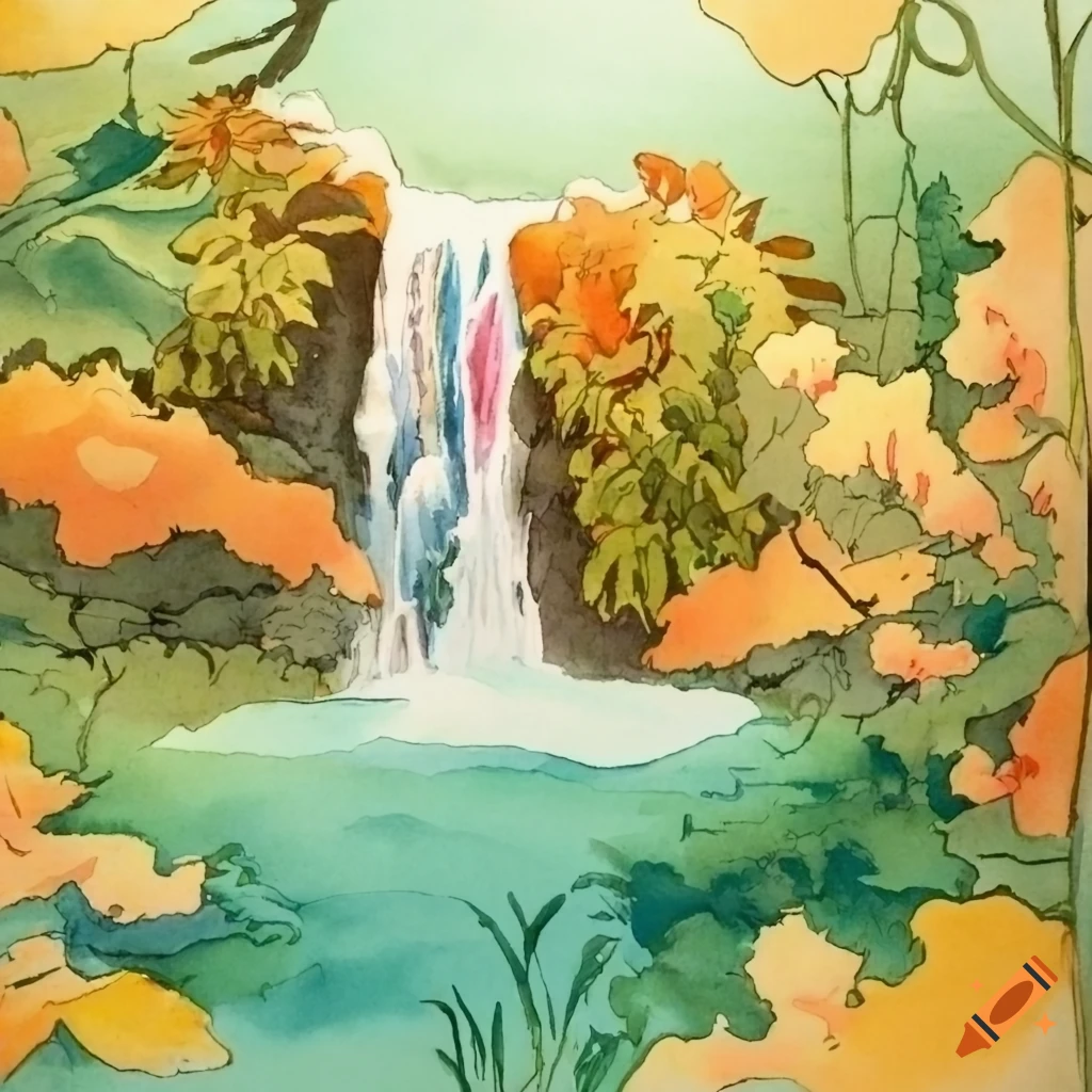 Botanical watercolor style waterfall in orange and green hues on Craiyon