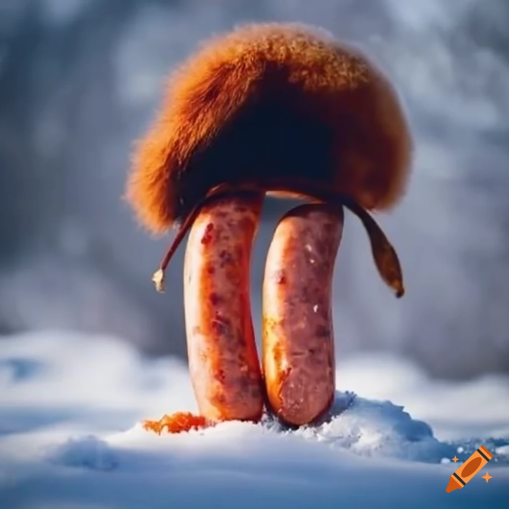 Sausage wearing a ushanka hat in the snow on Craiyon