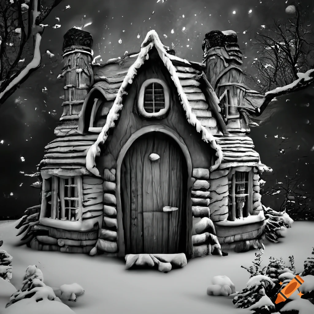 Intricately detailed two-story fairy house in greyscale during winter ...