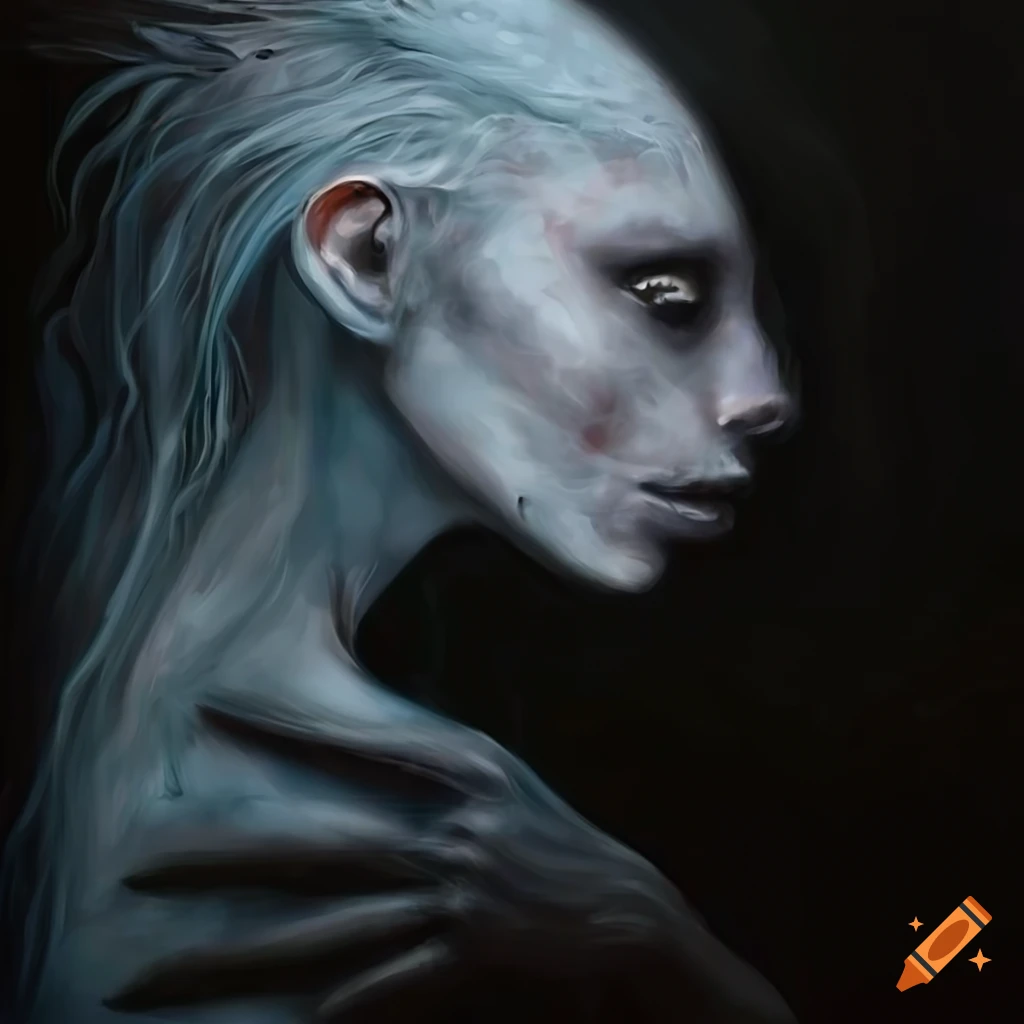 Abstract dark art portrait of a gloomy white creature on scratched wood ...