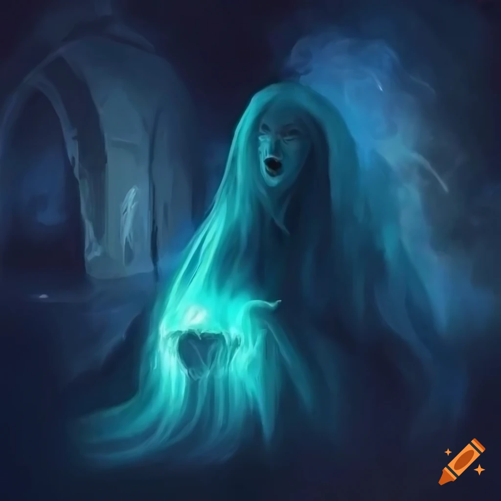 Ghostly woman with long hair in a castle crypt surrounded by brilliant ...