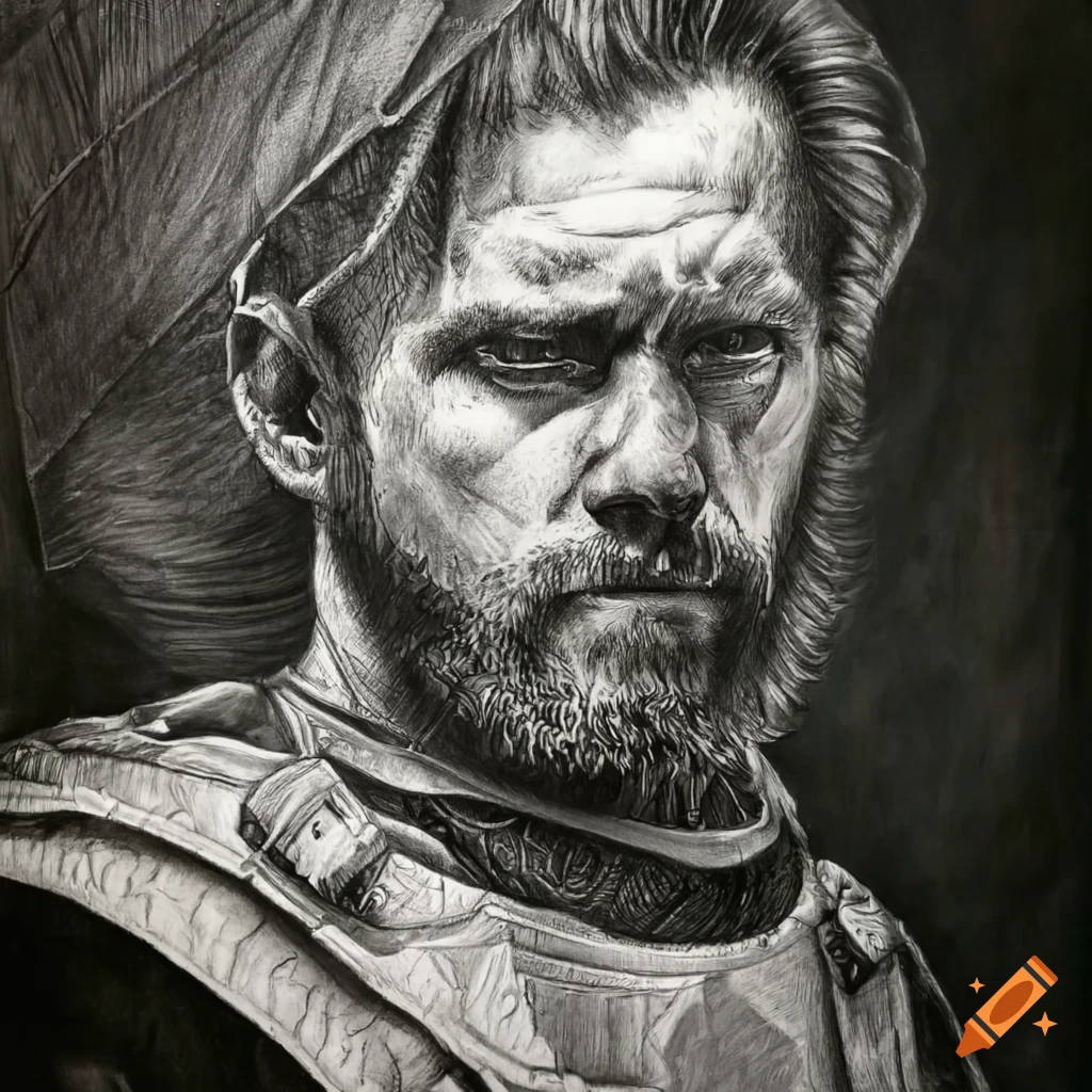 Detailed black ink portrait of a strong knight by artist stephen e ...