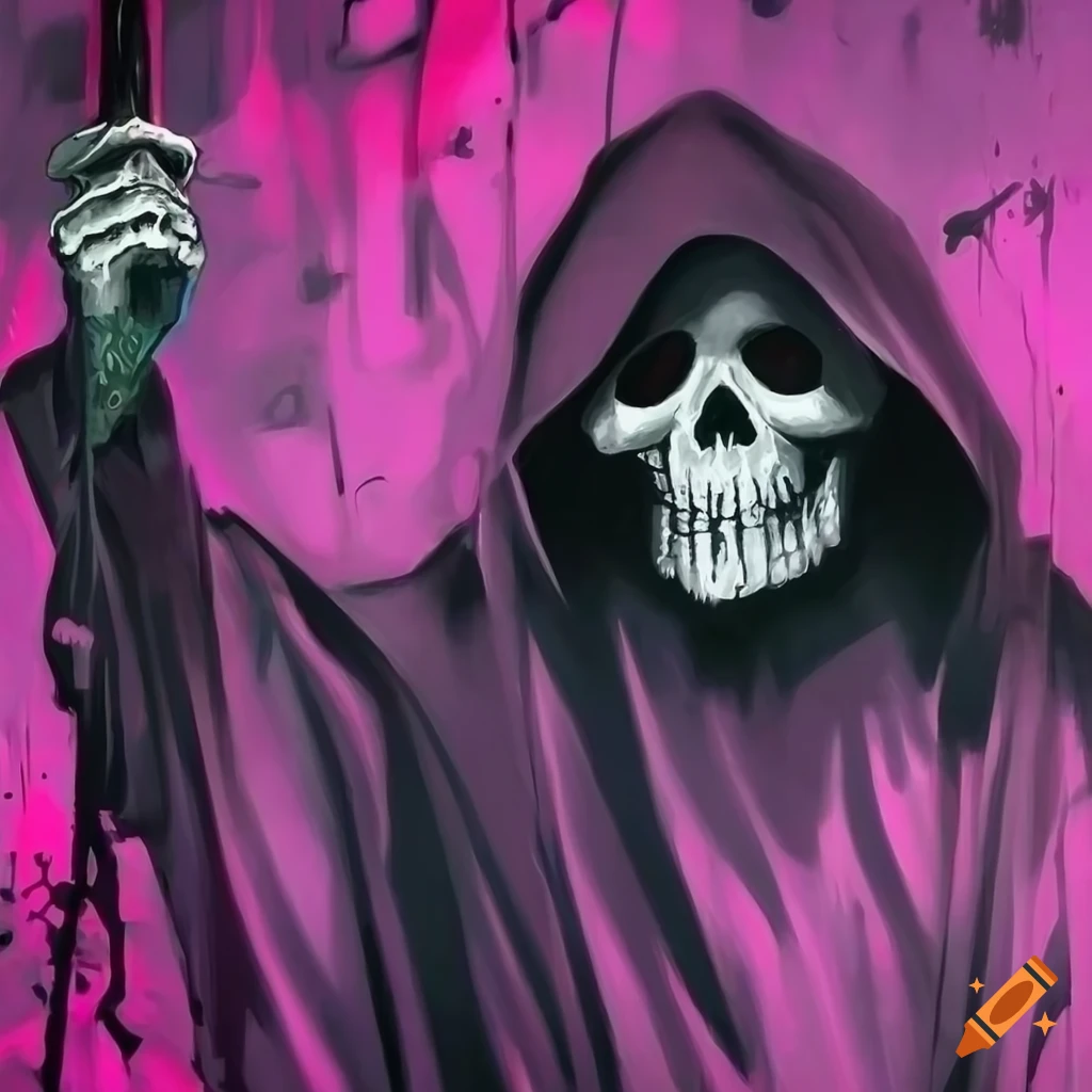 Grim Reaper in pink and black graffiti style on Craiyon