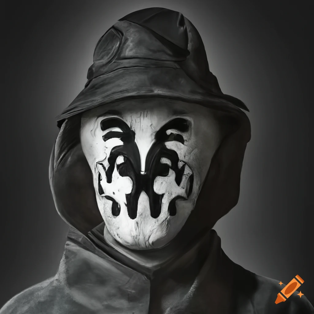 Depiction of Rorschach character with grungy textures and detailed mask design on Craiyon