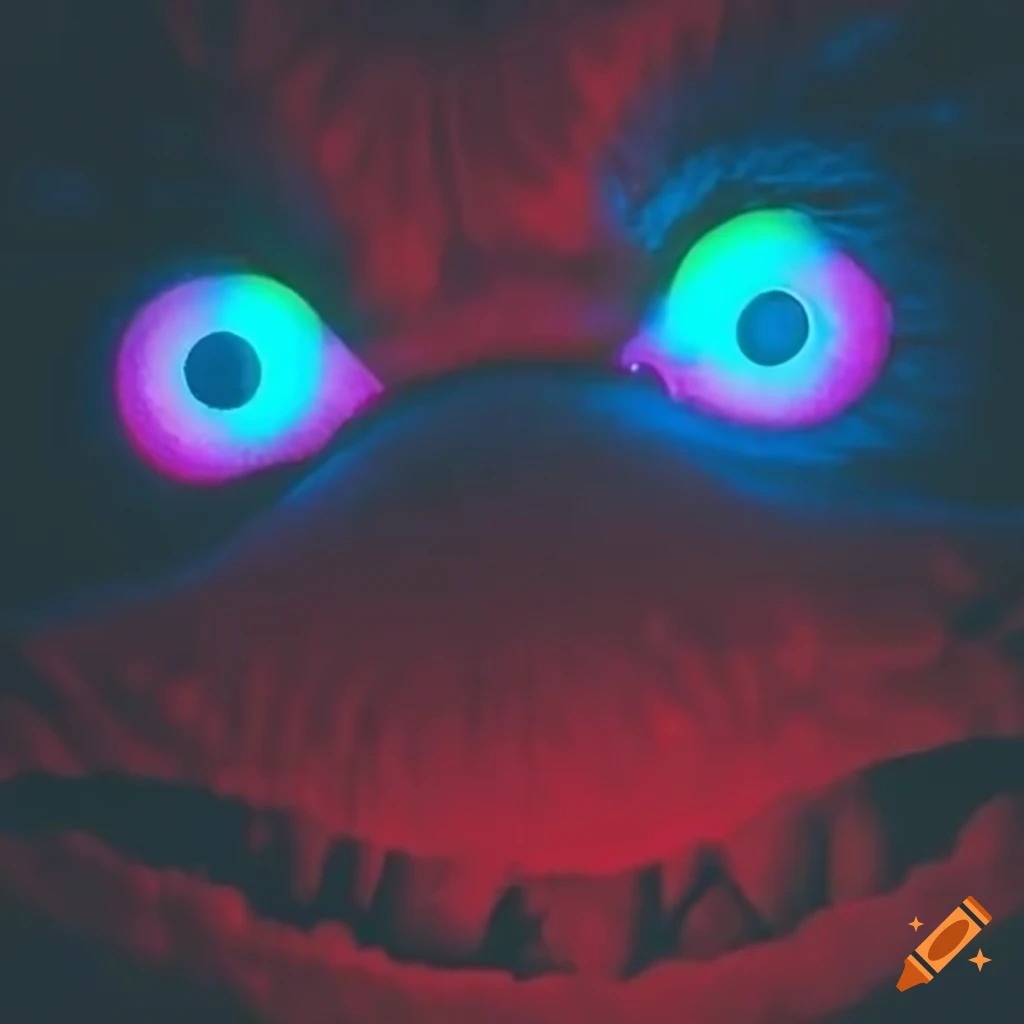 Evil muppet with glowing eyes in 70s horror style on Craiyon