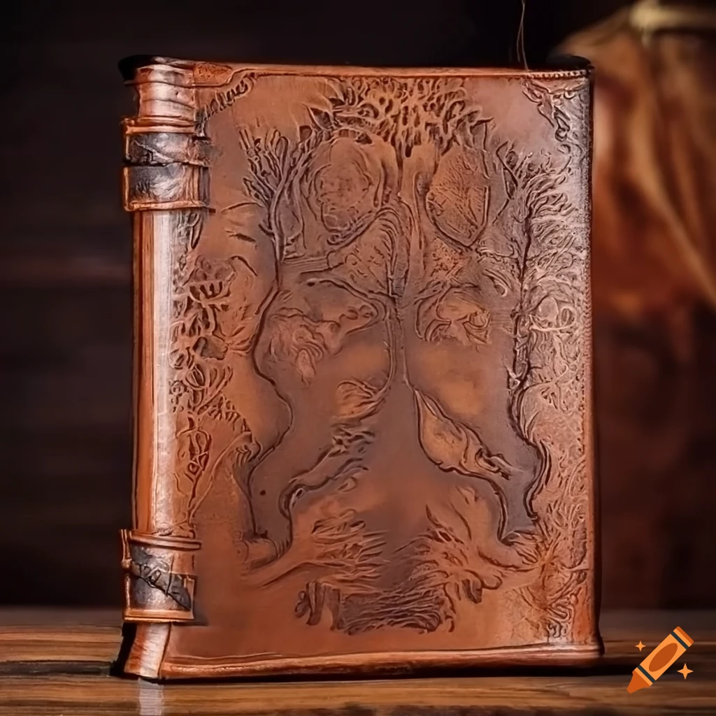 Engraved tree on ancient leather book cover on Craiyon