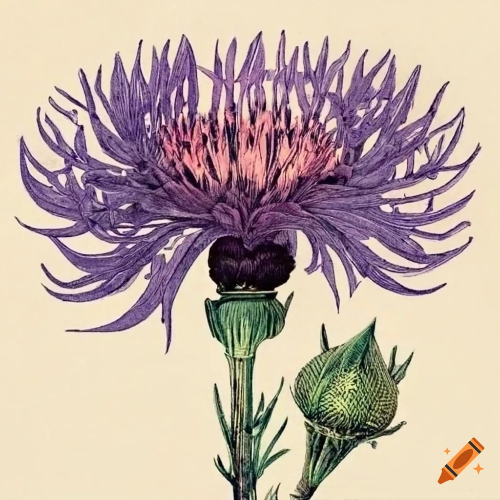 Detailed vintage botanical illustration of Centaurea americana plant on ...
