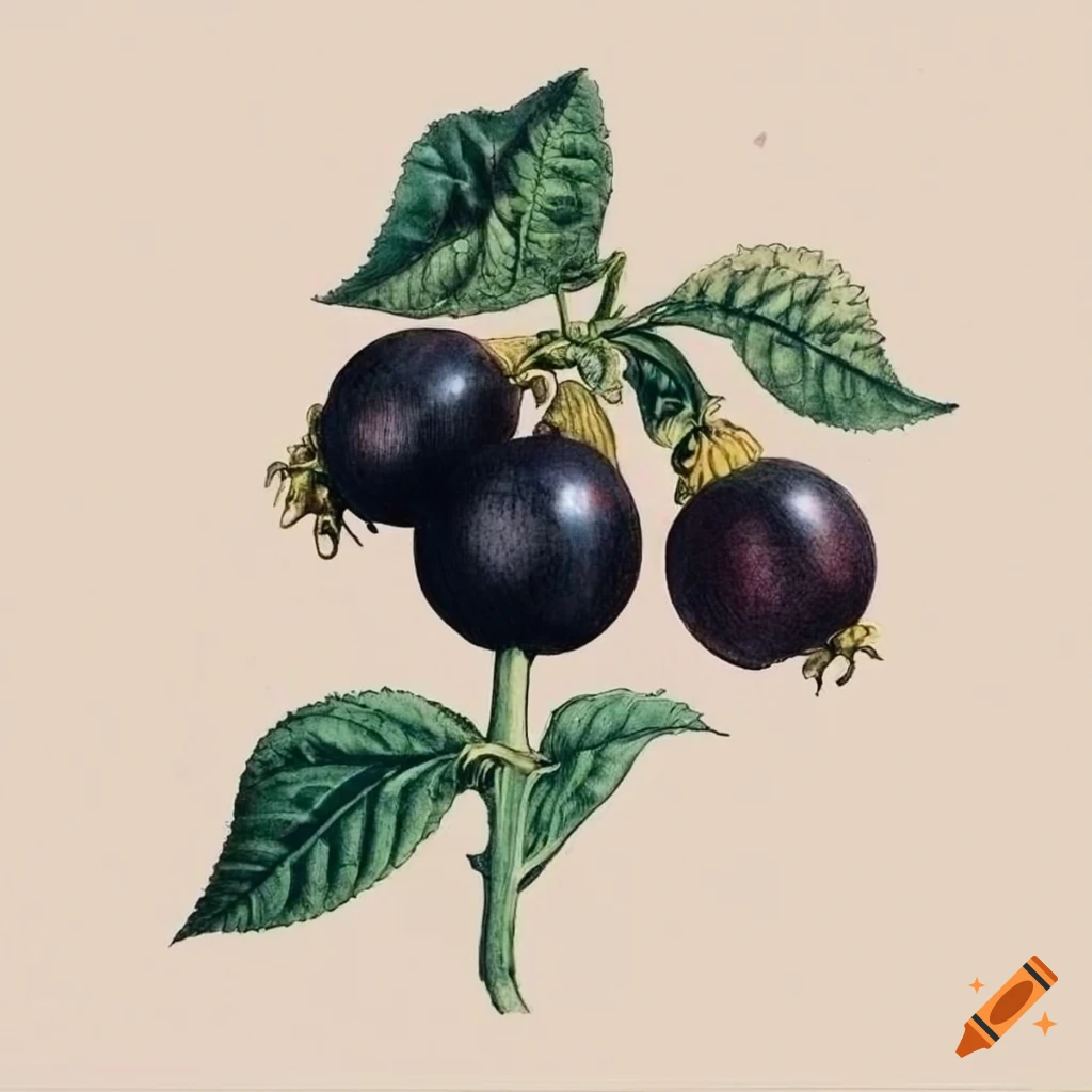 Vintage botanical illustration of Belladonna black berries on Craiyon