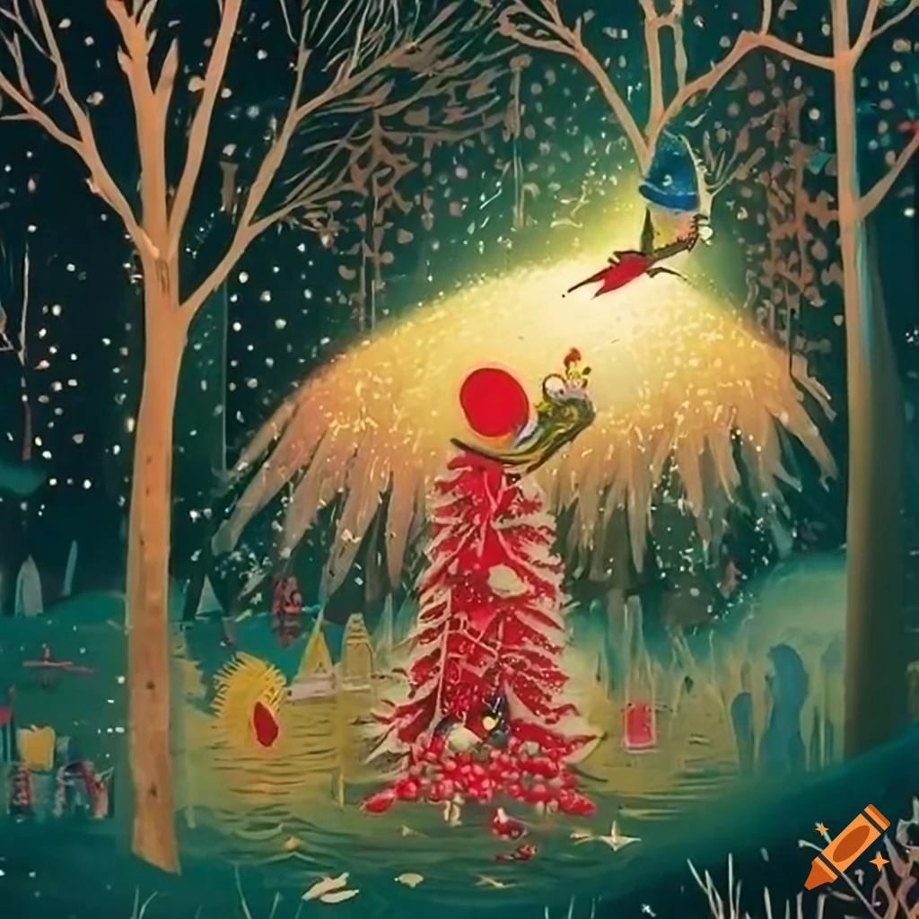 Intricate Christmas Tree made of feathers in a festive forest scene ...