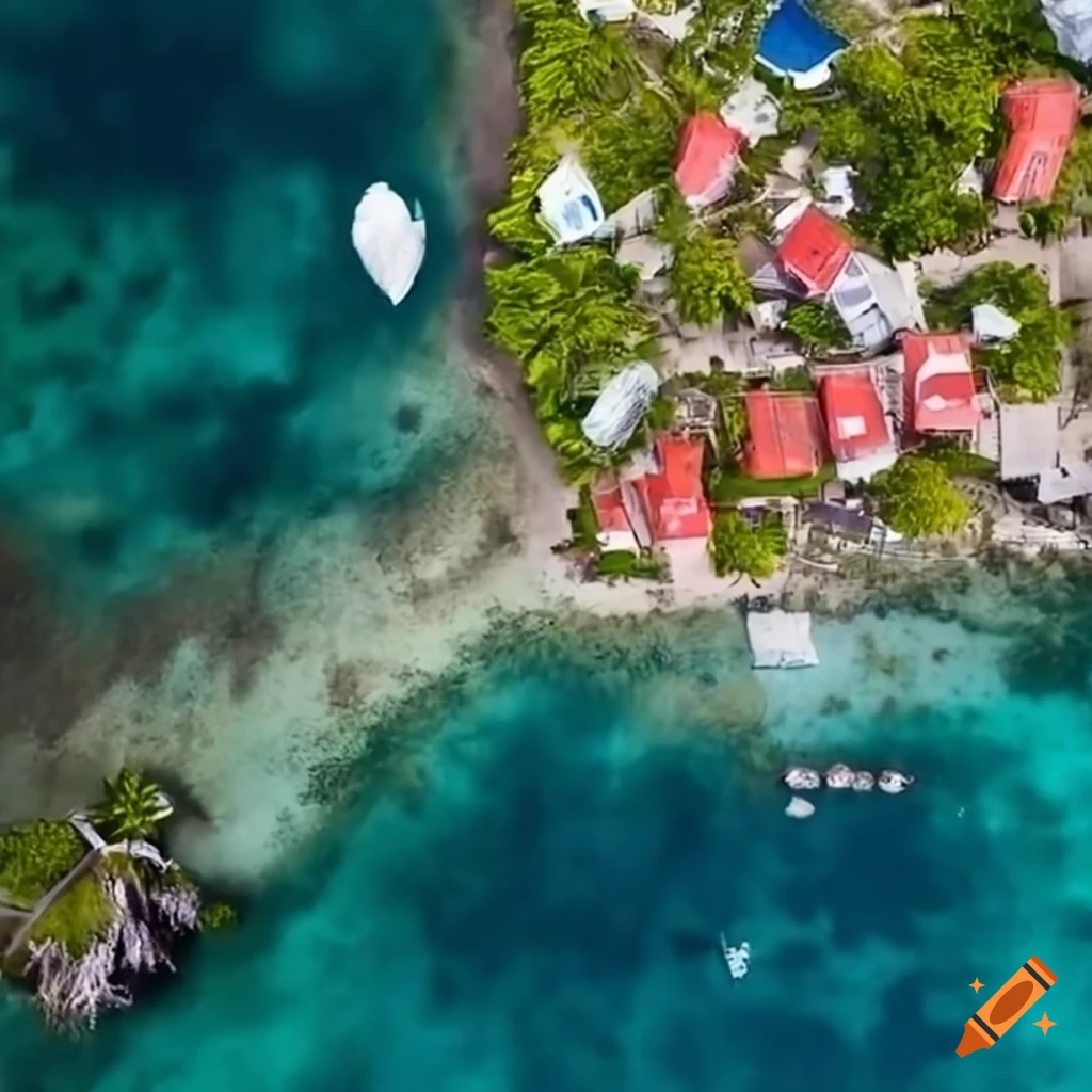 Top view of a pirate town in a caribbean archipelago on Craiyon