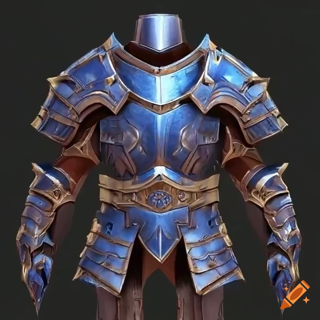 Close-up of detailed magic heavy body armor from the front view on Craiyon