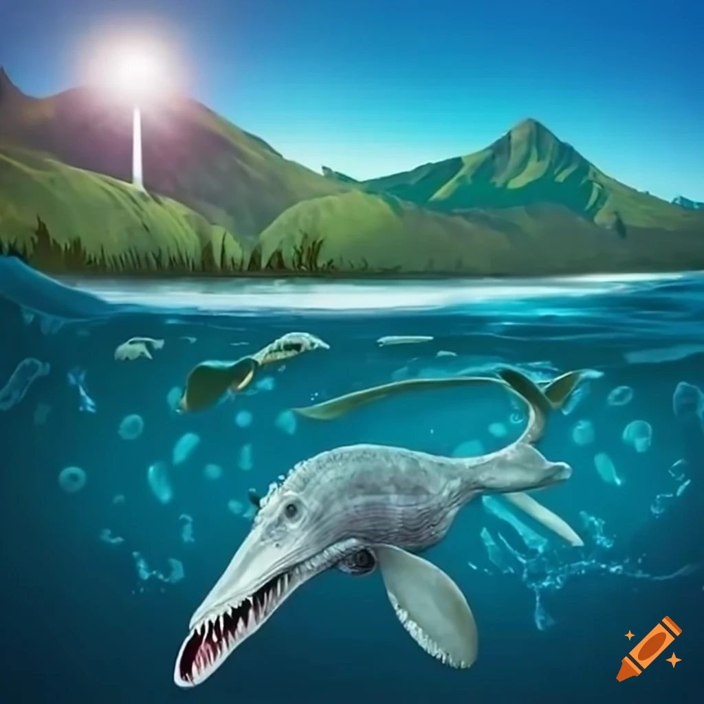 Happy mosasaurus splashing in front of a picturesque lake shoreline on ...