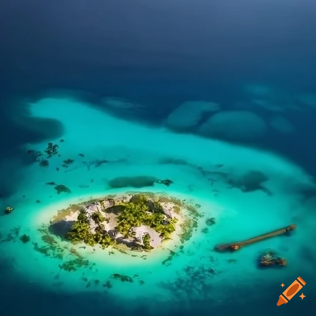 Overhead view of a tropical archipelago with ten islands on Craiyon