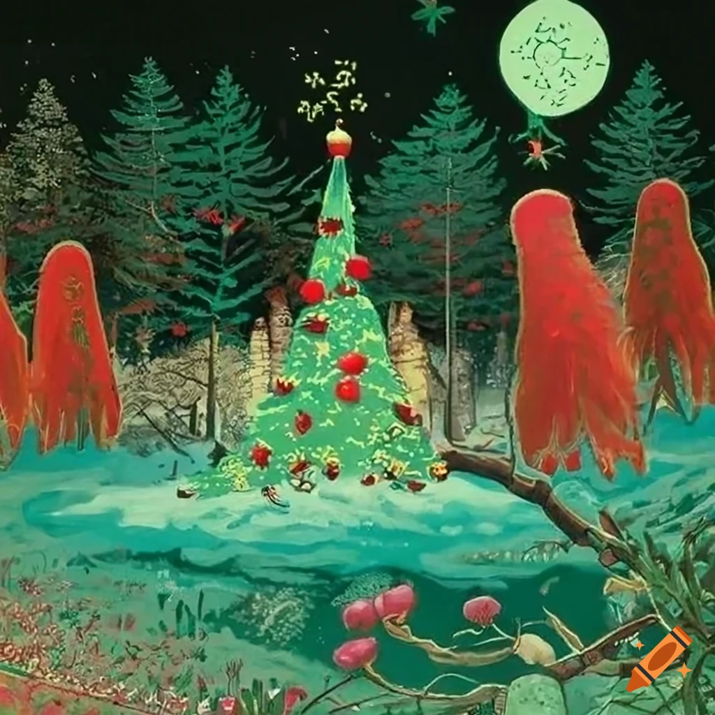 Intricate illustration of feather christmas tree in enchanted forest on ...
