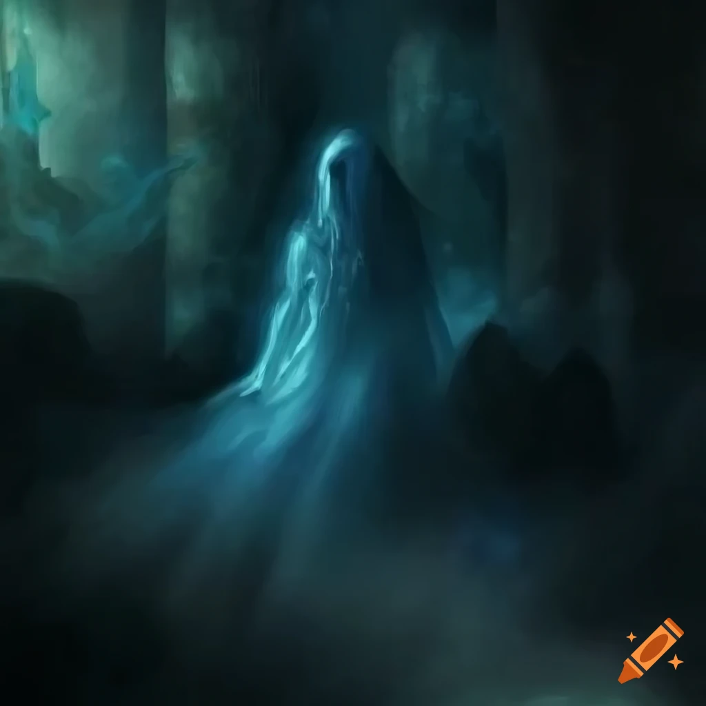 Ghostly woman with long hair in a castle crypt surrounded by brilliant ...