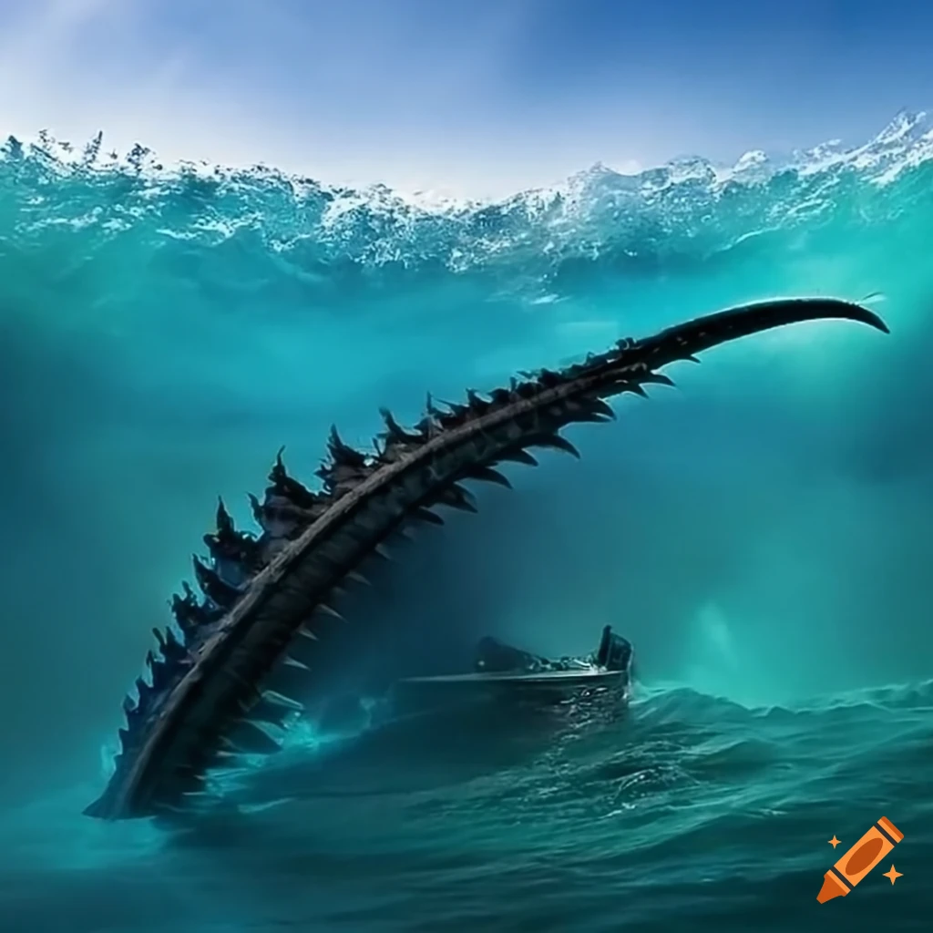 Godzilla tail near an ocean with a boat and intricate details on Craiyon