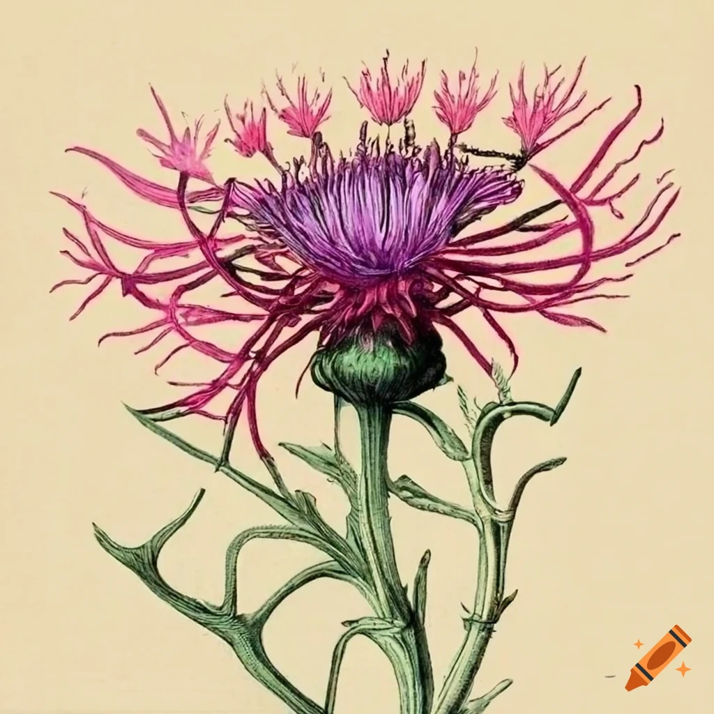 Detailed vintage botanical illustration of Centaurea americana plant on ...