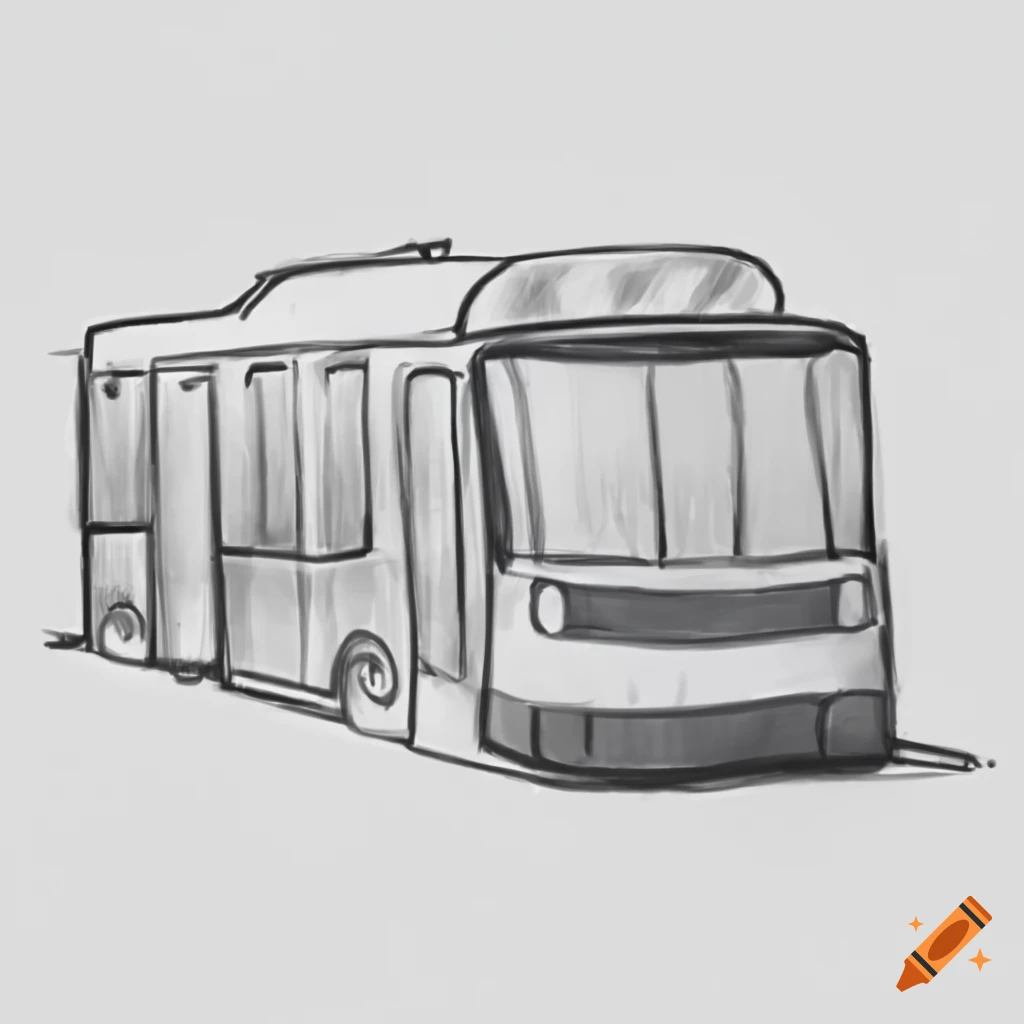 Simplistic 3D sketch of a bus on a street, hand-drawn on Craiyon