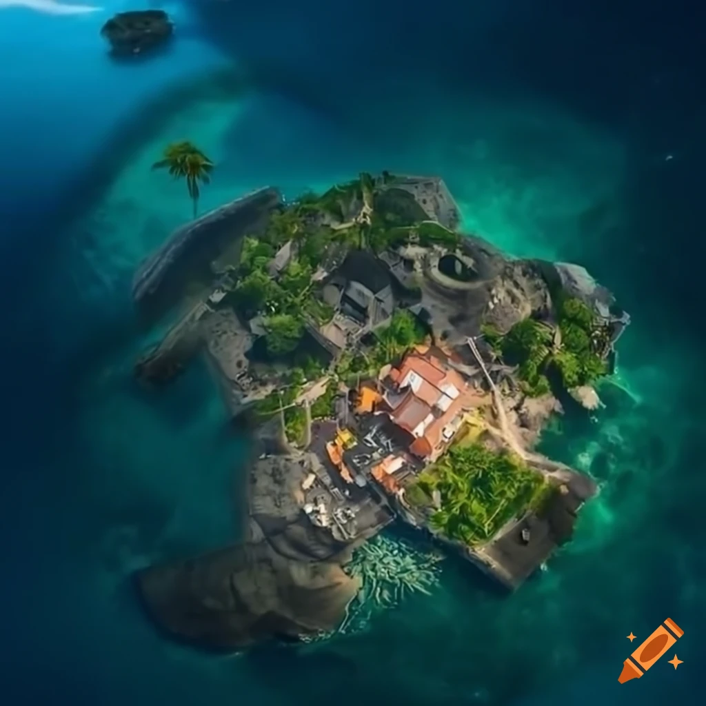 Top view of a pirate town in a caribbean archipelago on Craiyon