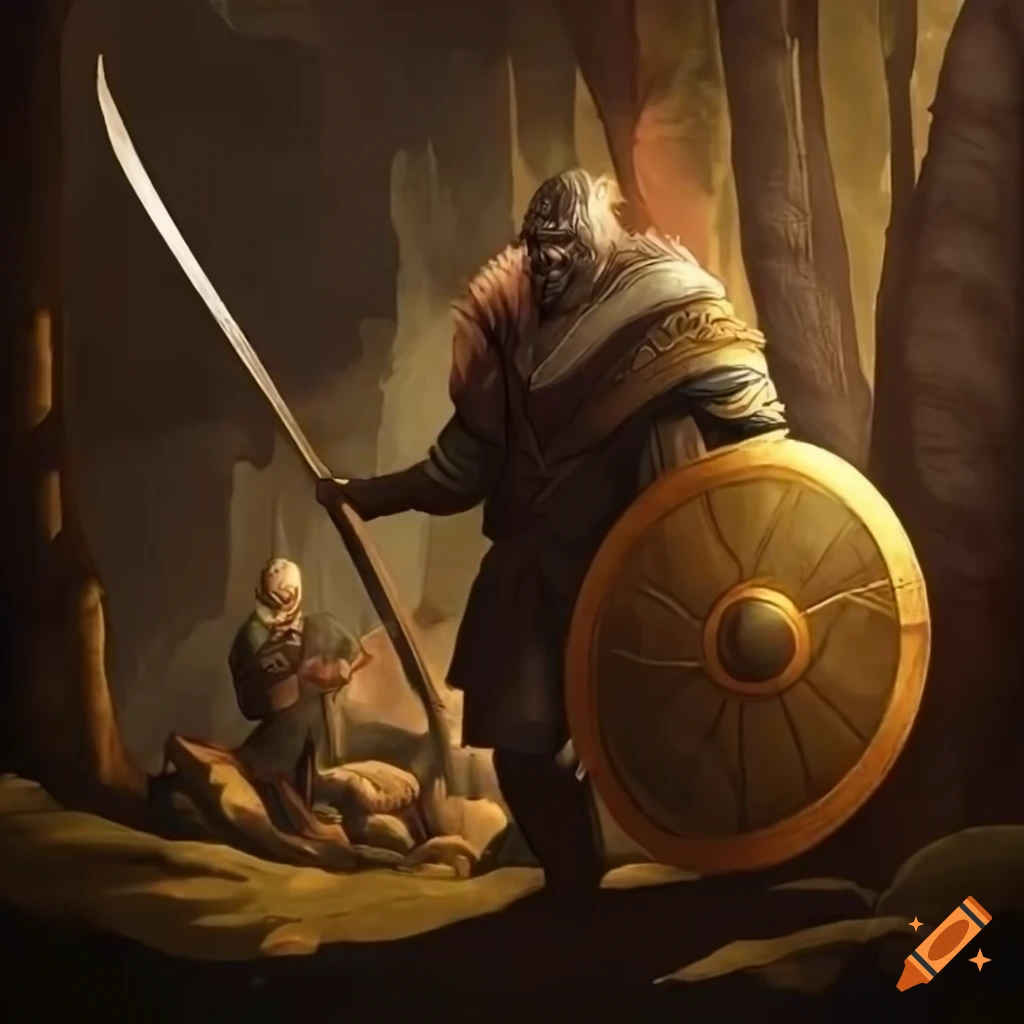 Basat walking in the forest with shield and sword on Craiyon