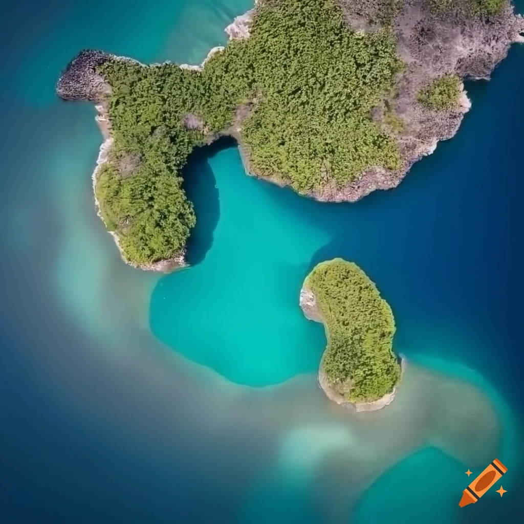 Overhead view of a tropical archipelago with ten islands on Craiyon