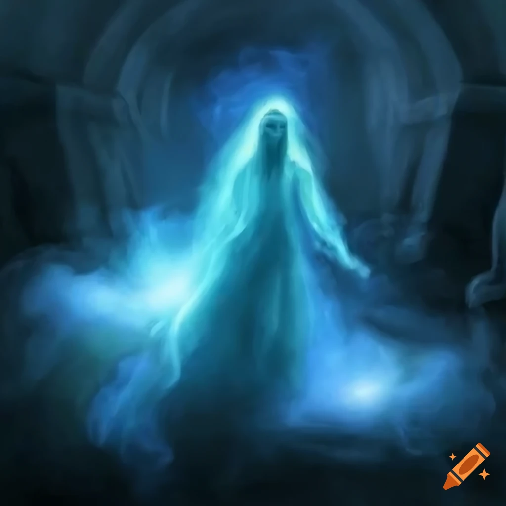 Spectral ghost woman emerging from tomb in castle crypt with long hair ...