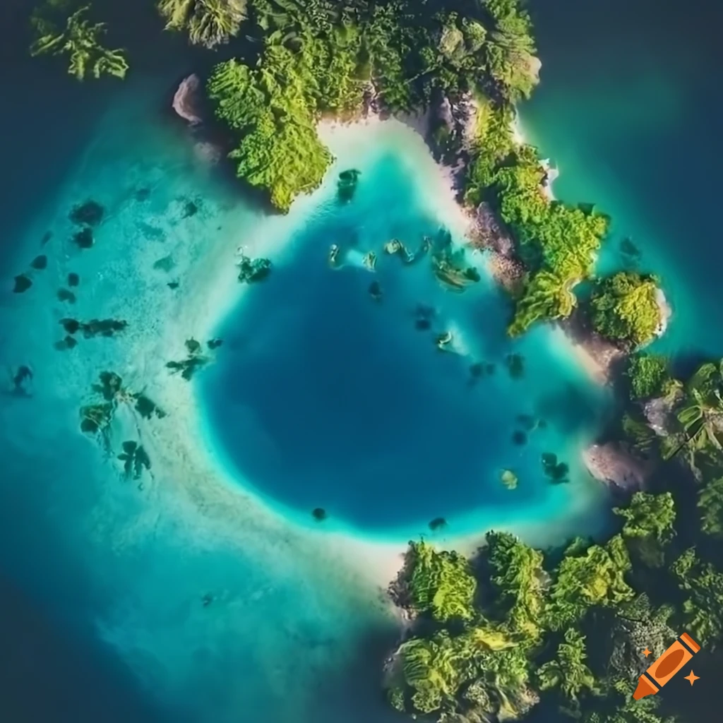 Overhead view of a tropical archipelago with ten islands on Craiyon