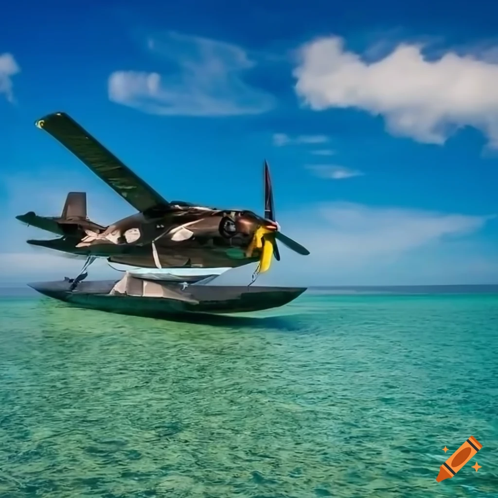 Futuristic seaplane, SkyRaider X1, flying over a tropical island with ...