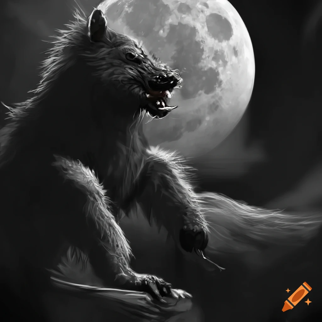Profile of a werewolf under the full moon in black and white with red ...