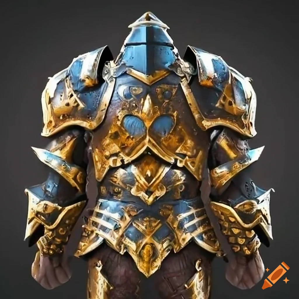 Close-up of adorned heavy body armor from the front on Craiyon