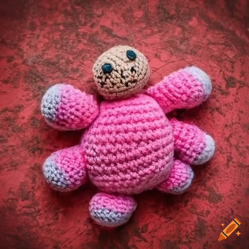 Colorful puffy fluffy fat octopus crochet doll on red concrete ...