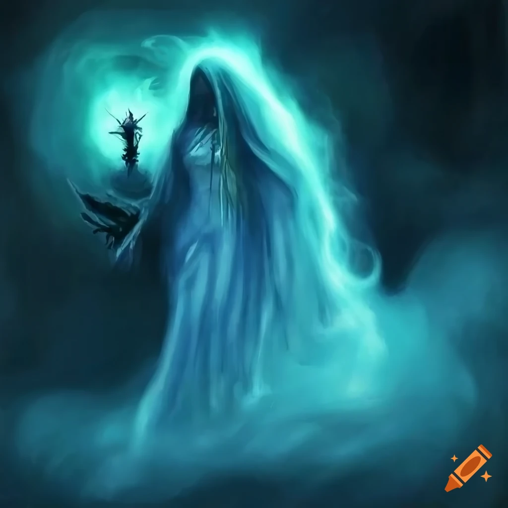 Spectral ghost woman with long hair emerging from tomb in castle crypt ...