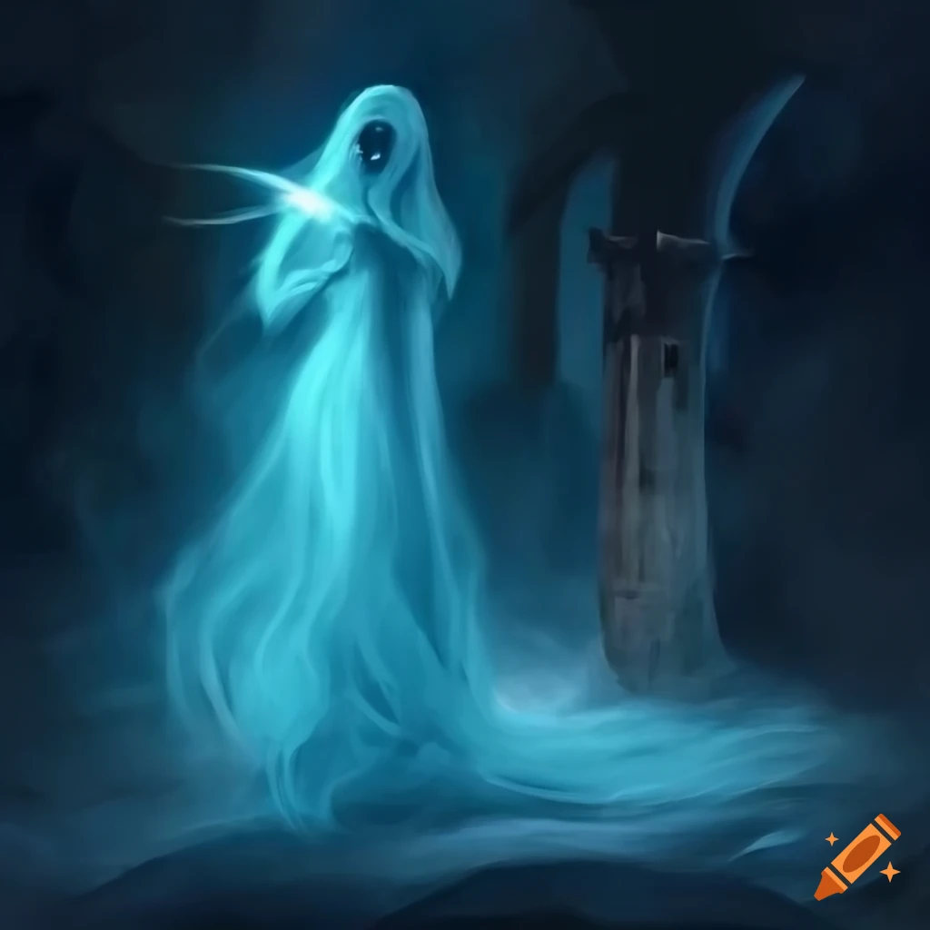 Ghostly woman with long hair in a castle crypt surrounded by bright ...