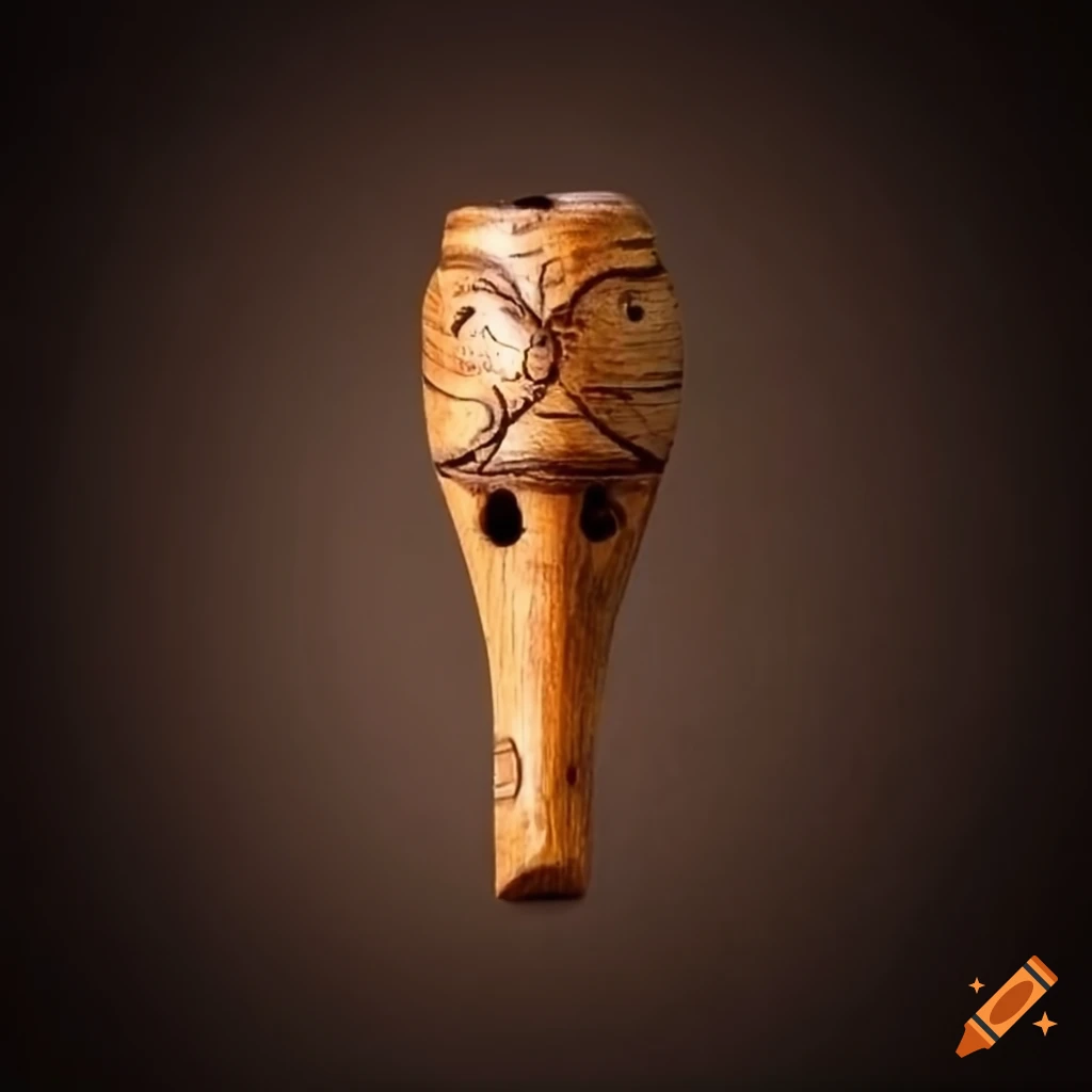 Mystical oak wood whistle intricately carved with ancient symbols and ...
