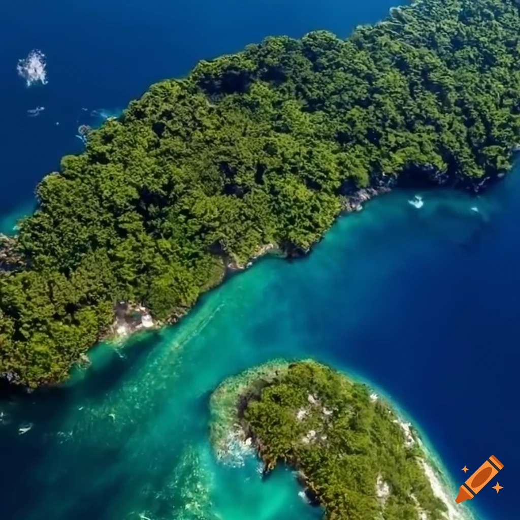 Overhead view of a tropical archipelago with ten islands on Craiyon