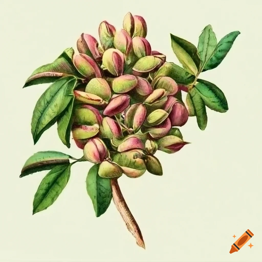 Vintage botanical drawing of Pistachio Tree Pistaciavera plant on Craiyon