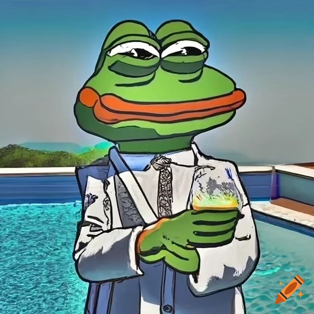 Pepe the frog relaxing by a pool with an ocean view, dressed in a white suit and sunglasses on ...