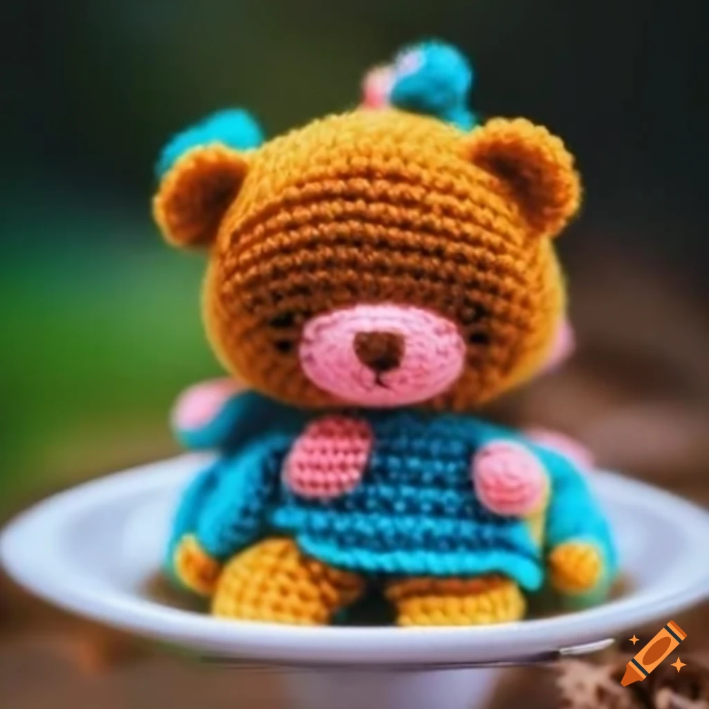 Cute fluffy bear crochet doll sleeping in a milk plate with nature ...