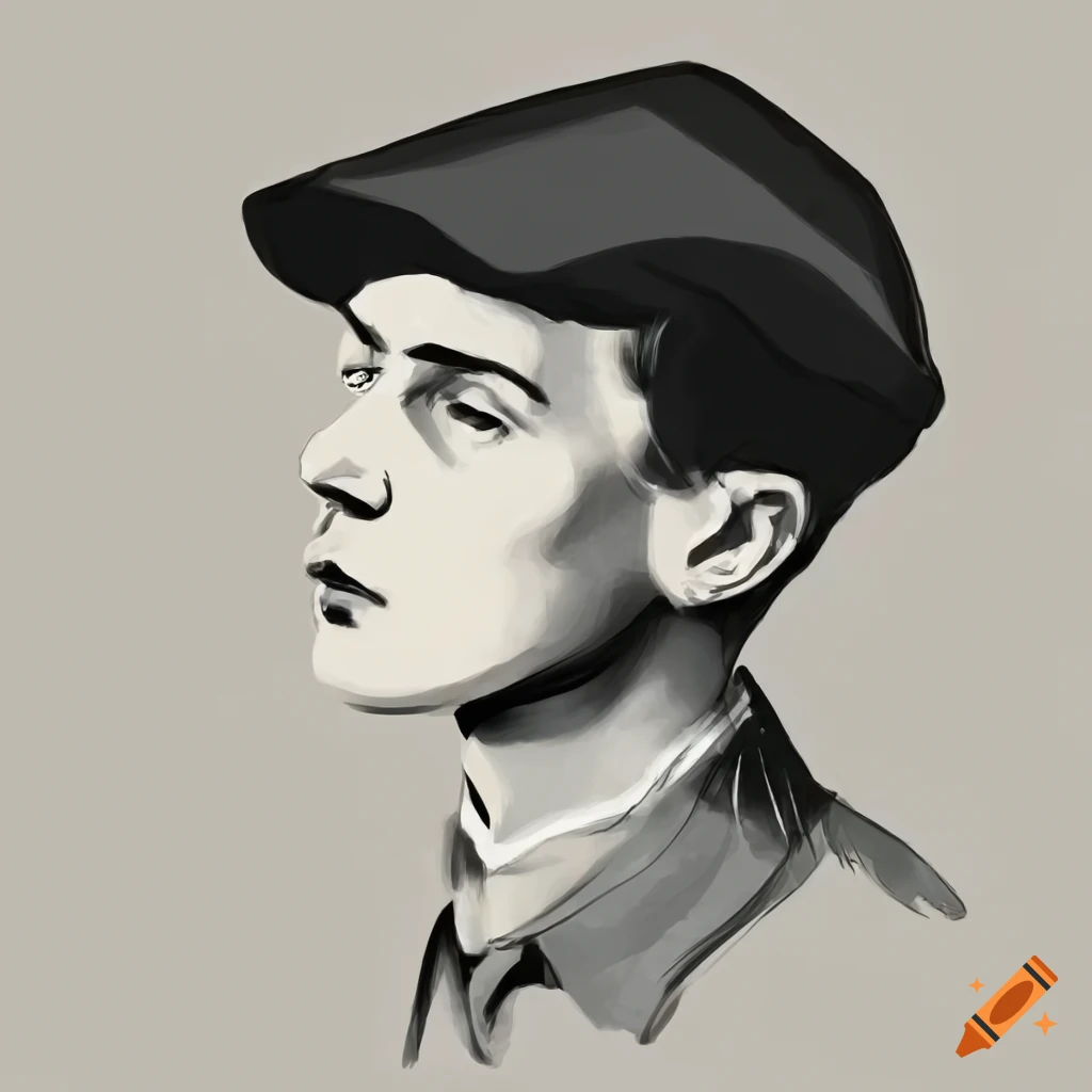 1920s minimalist drawing of a young man in a flat cap and vintage shirt ...