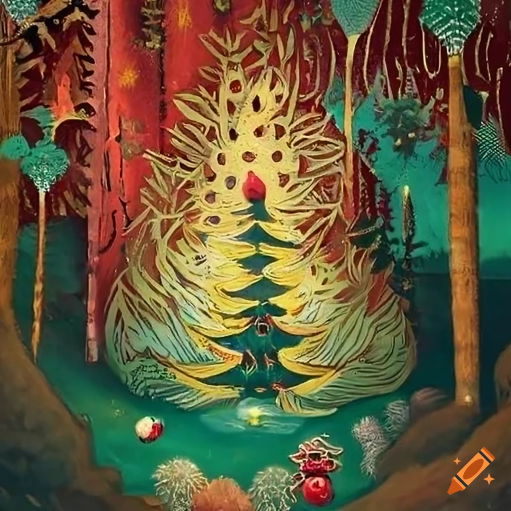 Intricate Christmas Tree made of feathers in a festive forest scene on ...