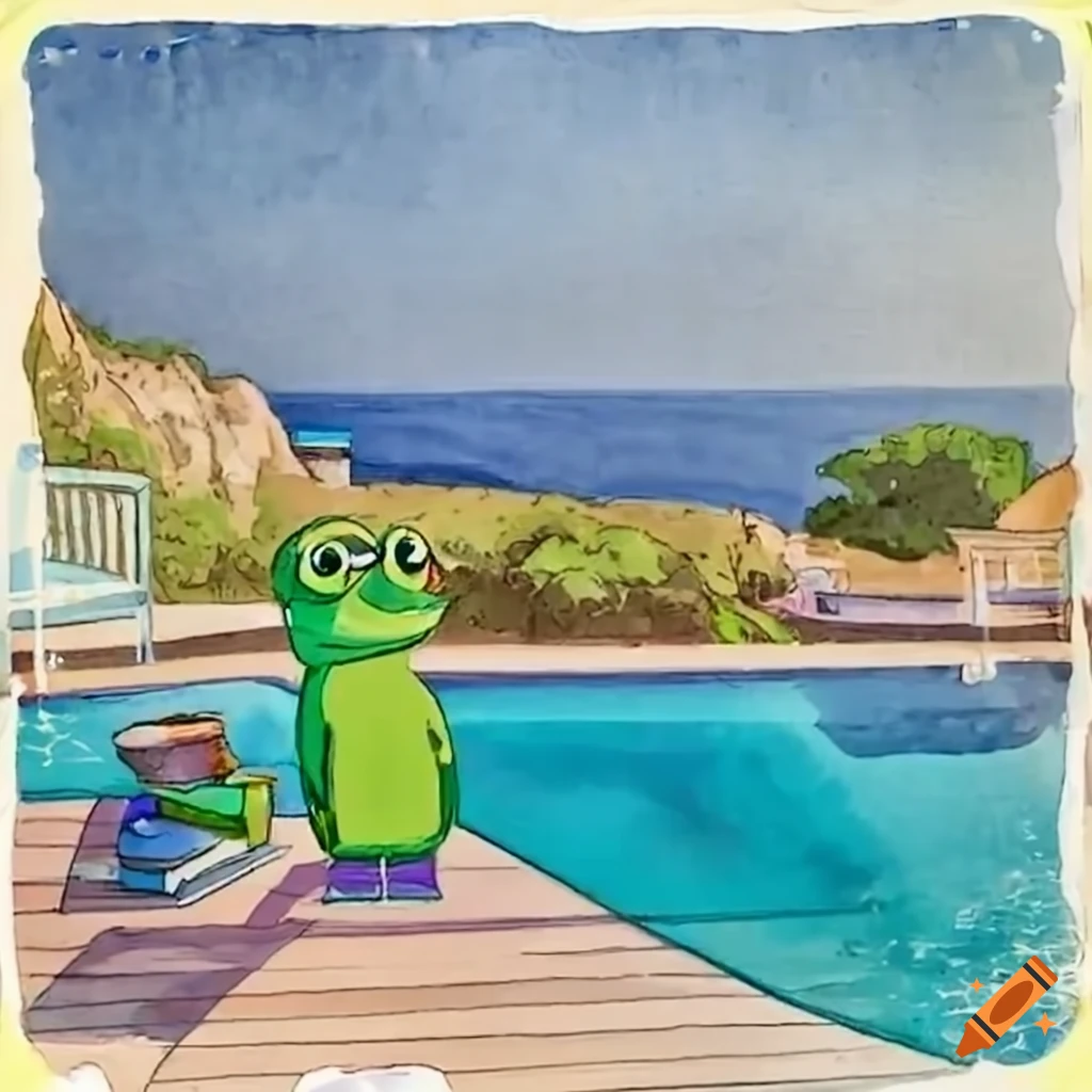 Pepe the frog relaxing by a pool with an ocean view and dressed in ...