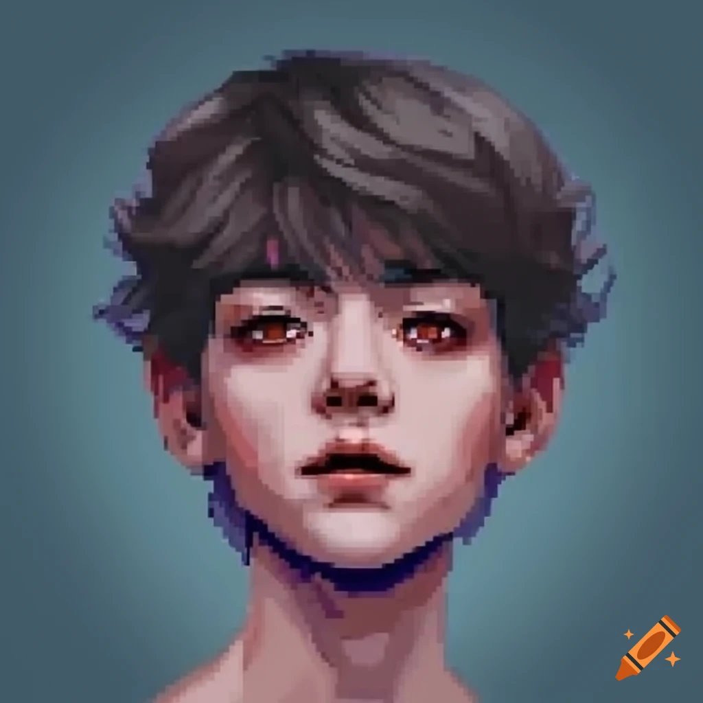 Headshot of a realistic aesthetic boy character in dark pixel art style ...
