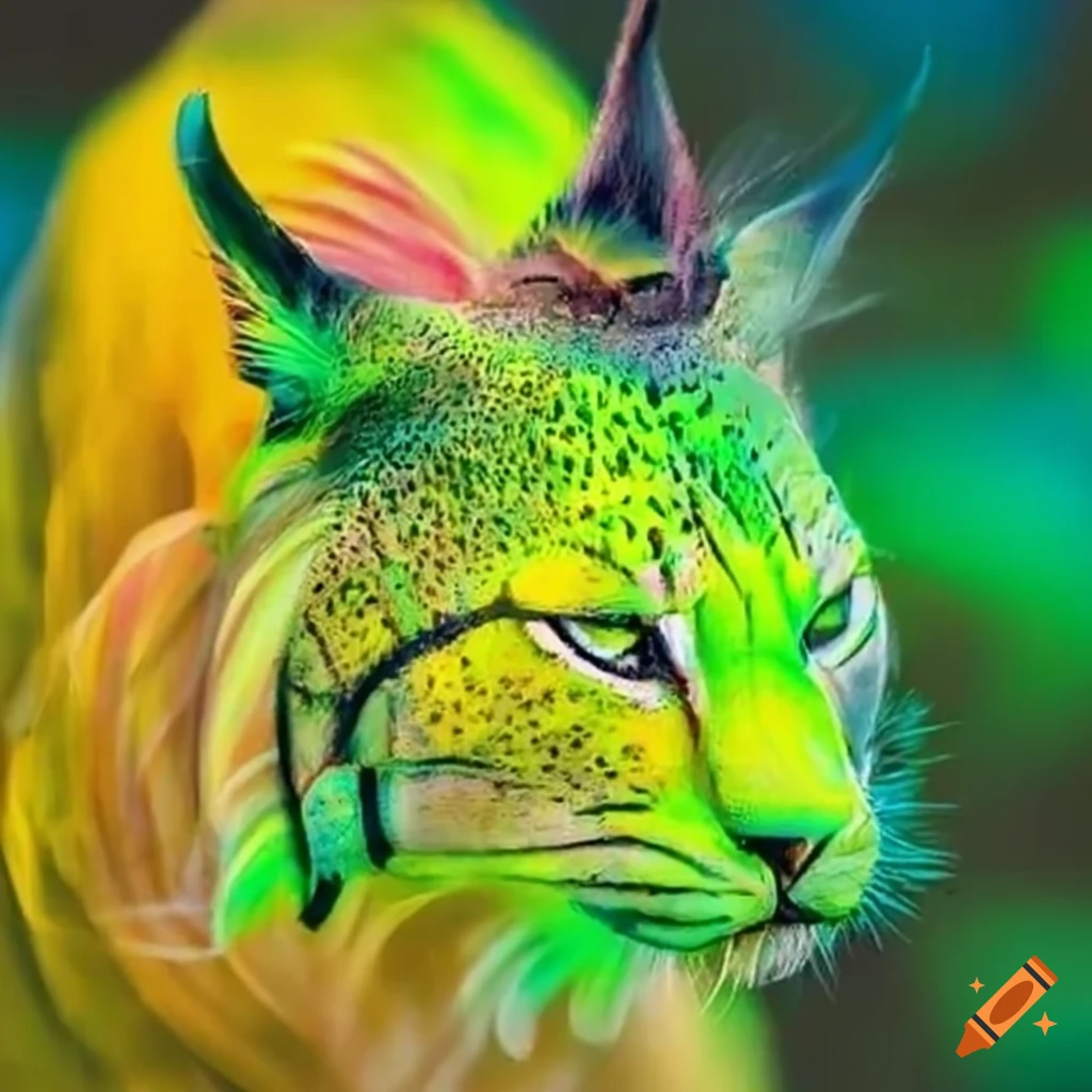 Colorful lynx with bright yellow, coral, and neon green colors on Craiyon