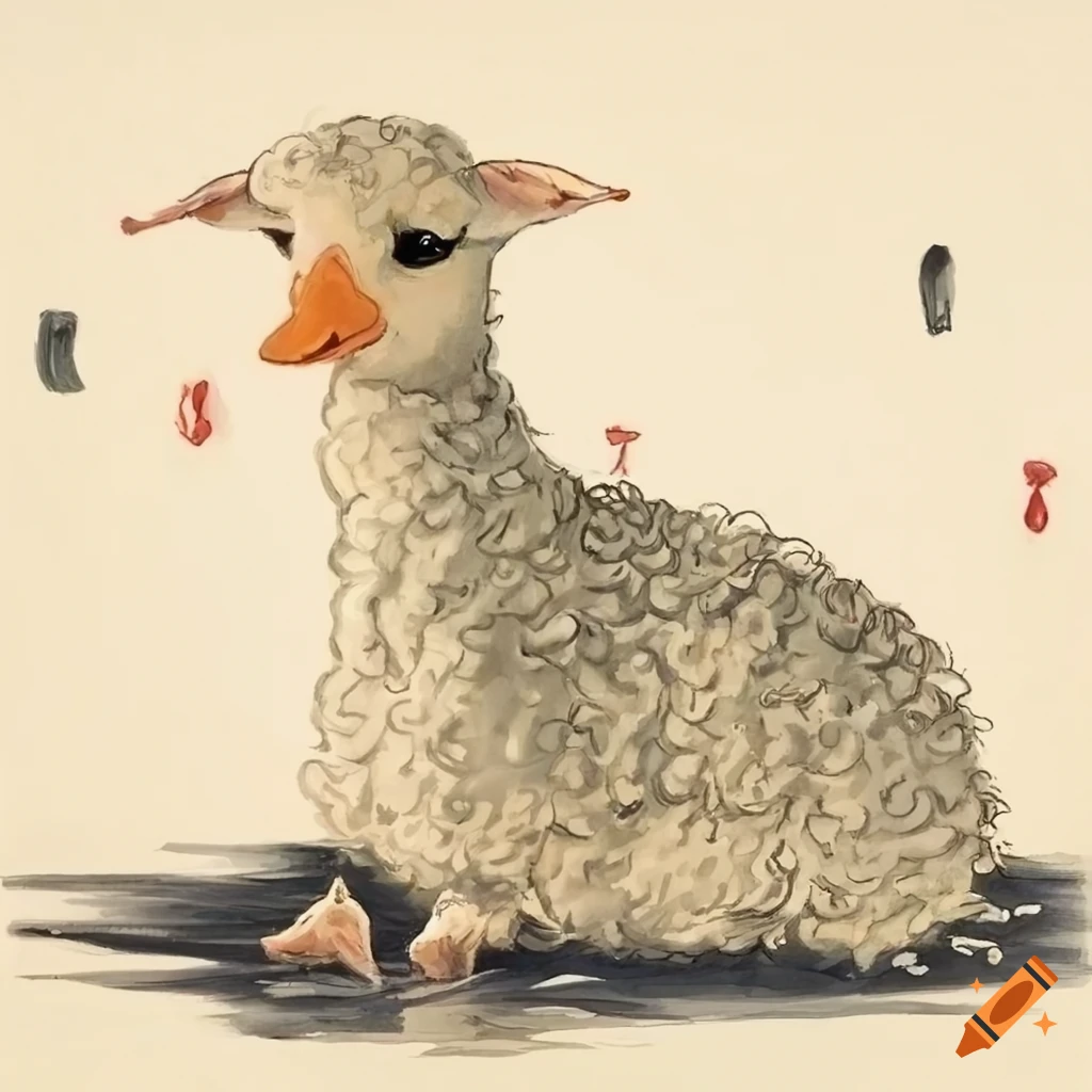 Tranquil sumi-e painting of a lamb and a duck drinking lemonade on Craiyon