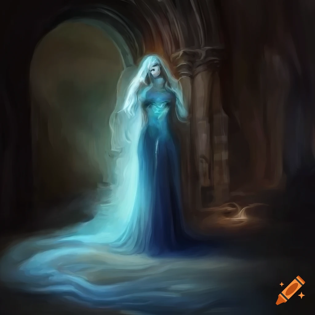 Spectral woman with long hair in a castle crypt surrounded by magic ...