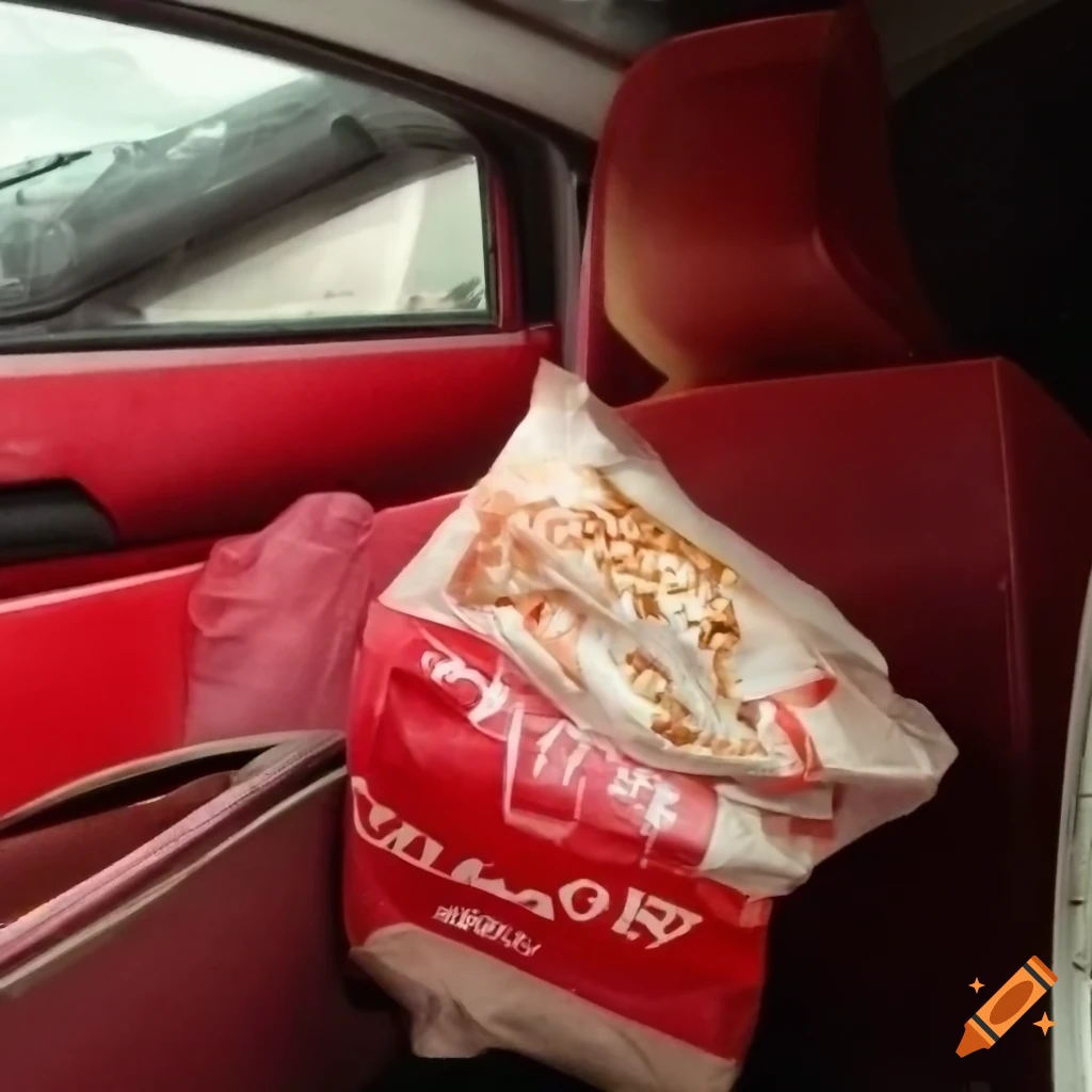 View from inside a car filled with fast food bags and cigarettes on Craiyon