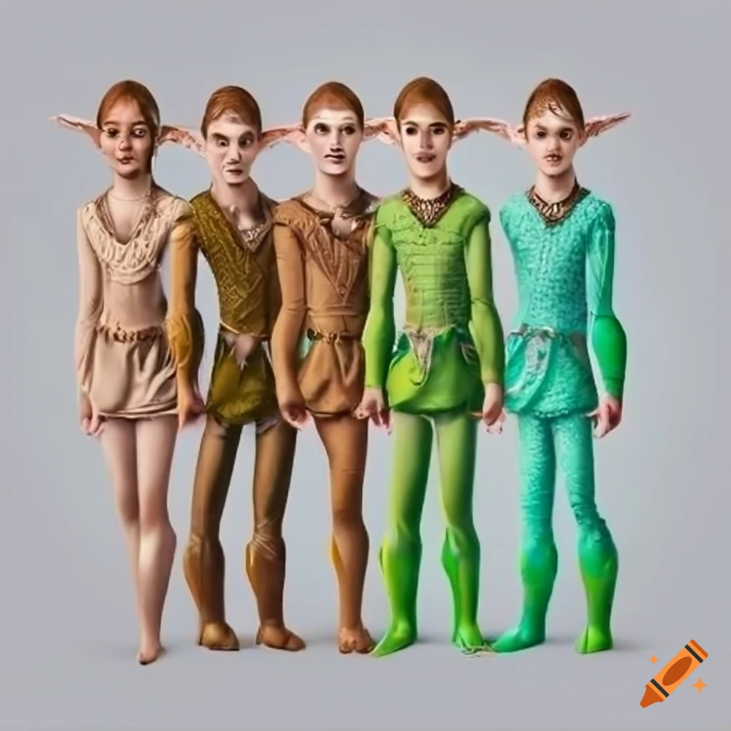 Row of elves with diverse skin colors on a white background on Craiyon